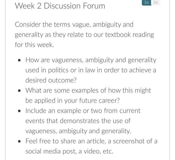 Week 2 Discussion Forum Consider the terms vague, | Chegg.com
