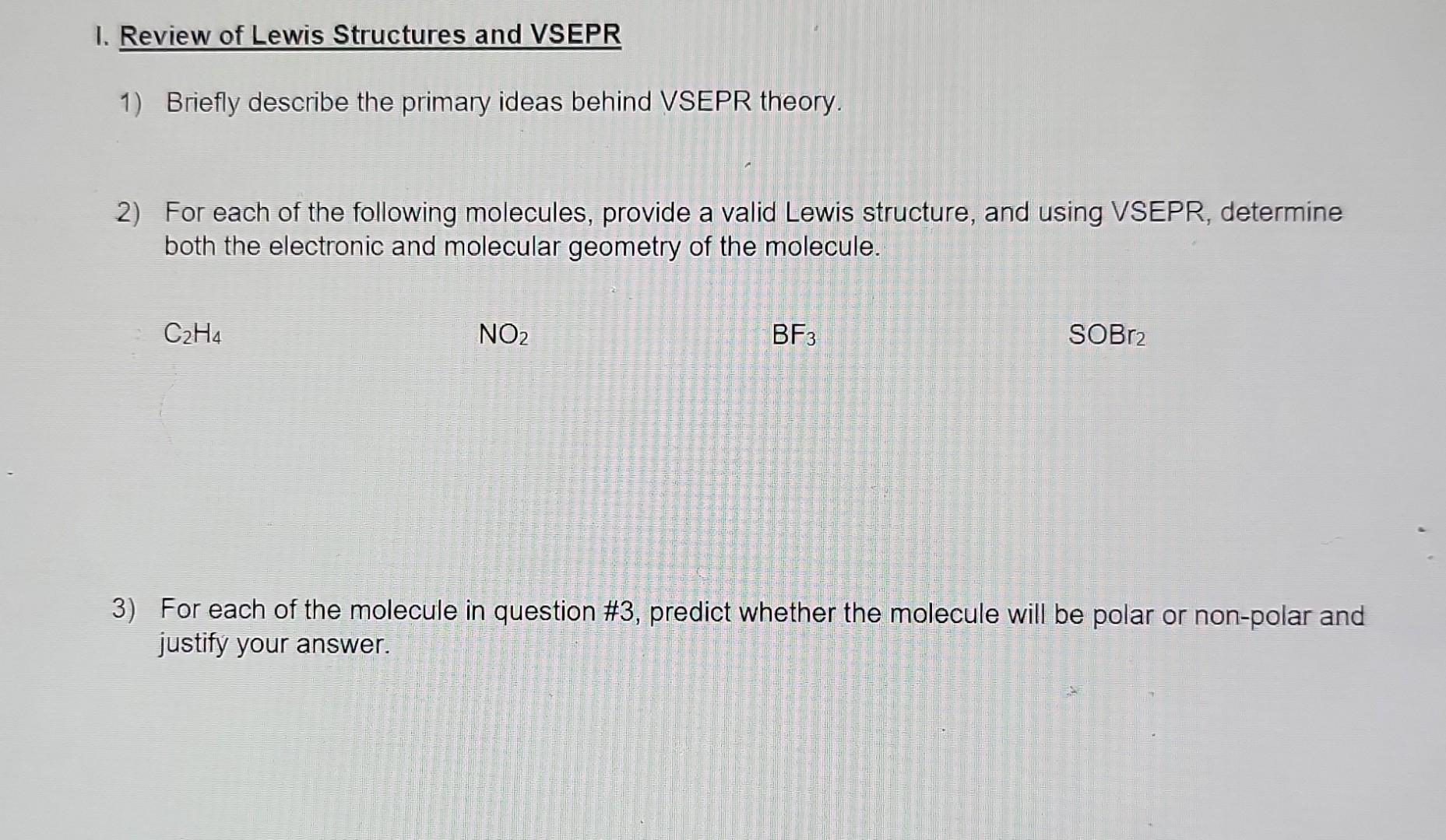 Solved I. Review of Lewis Structures and VSEPR 1) Briefly | Chegg.com