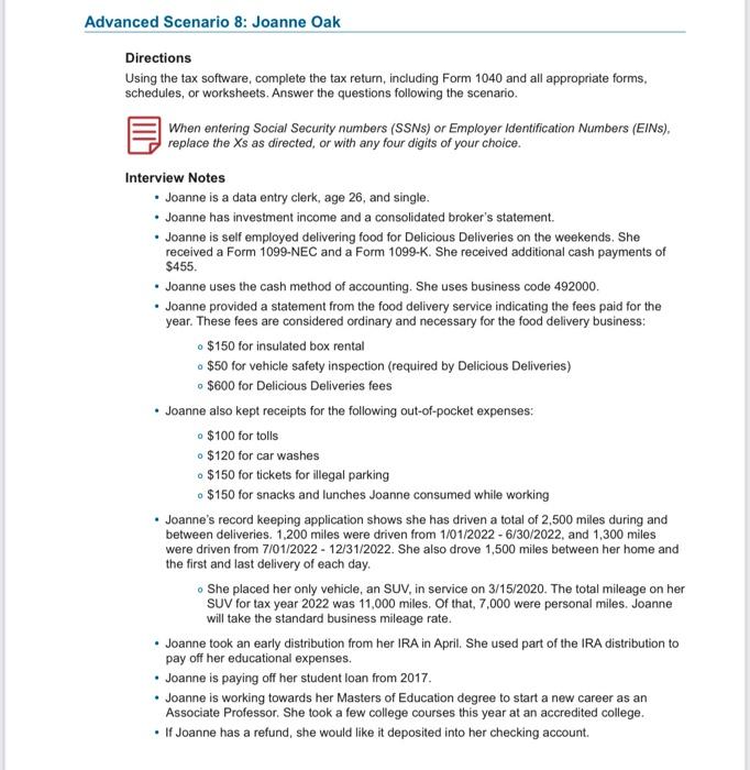 Solved /anced Scenario 8: Joanne Oak Directions Using the | Chegg.com