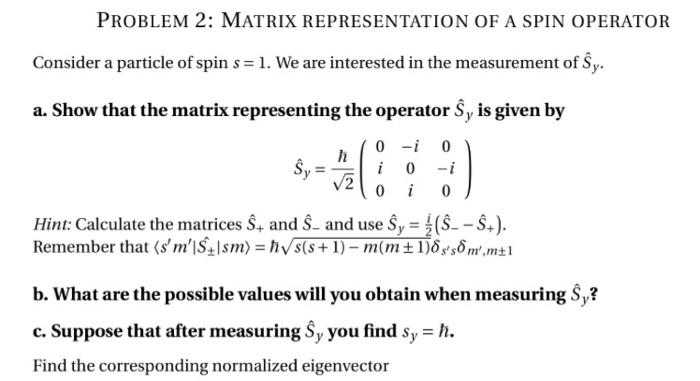 Solved PROBLEM 2: MATRIX REPRESENTATION OF A SPIN OPERATOR | Chegg.com