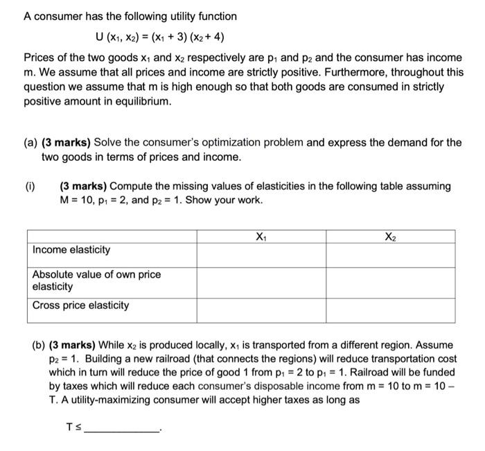 Solved A consumer has the following utility function | Chegg.com