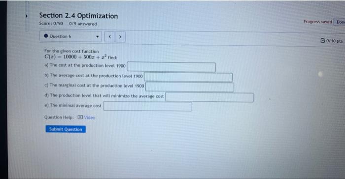 Solved For the given cost function C(x)=10000+500x+x2 find: | Chegg.com