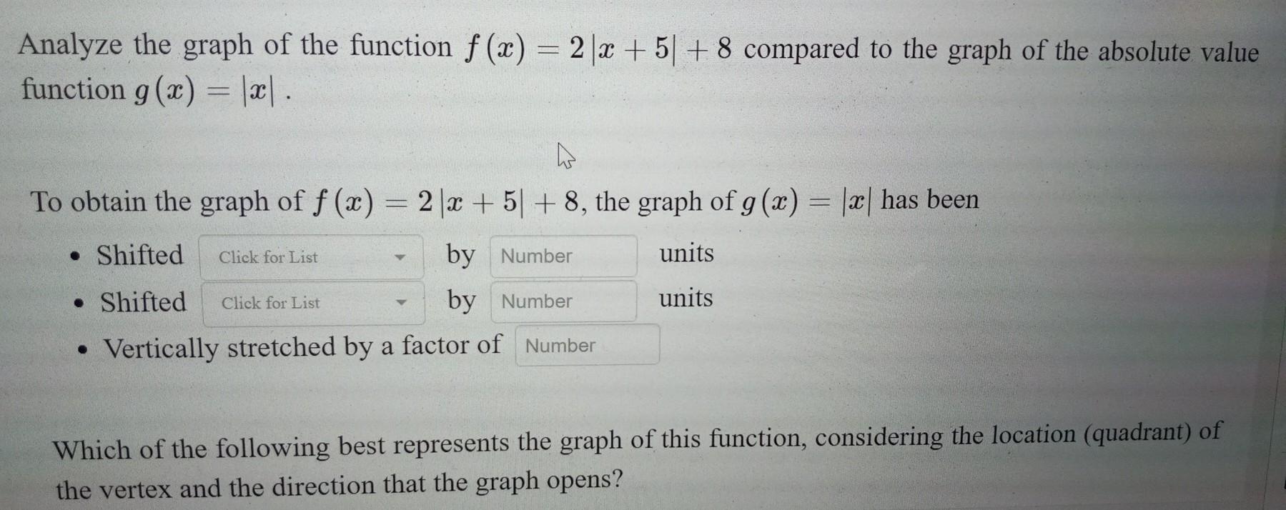 Solved Analyze the graph of the function f(x)=2∣x+5∣+8 | Chegg.com