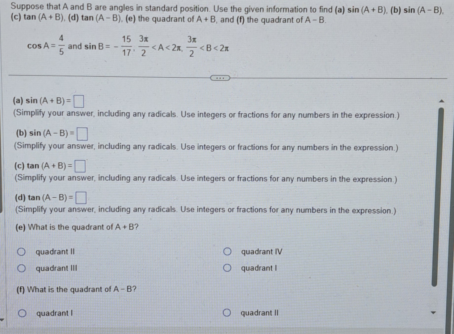 Solved Suppose that A and B ﻿are angles in standard | Chegg.com