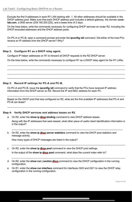 Solved Lab Task3 - Configuring Basic DHCPv4 on a Router | Chegg.com