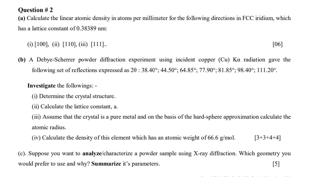 Solved Question #2 (a) Calculate the linear atomic density | Chegg.com