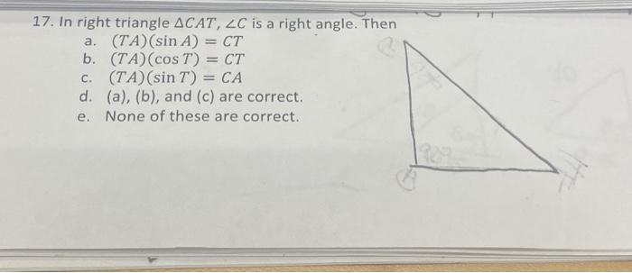 Solved 17. In right triangle ( riangle C A T, angle C ) is | Chegg.com