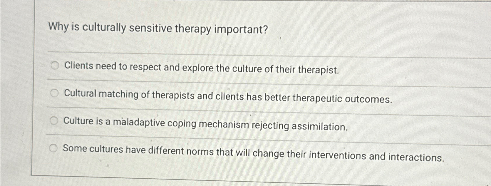 Solved Why is culturally sensitive therapy important?Clients | Chegg.com