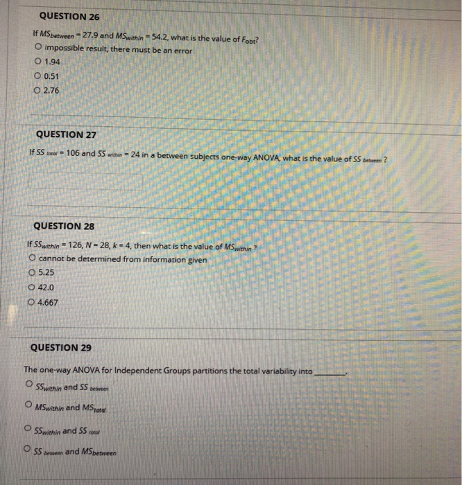 Solved QUESTION 26 If MS between - 27.9 and MS within - | Chegg.com