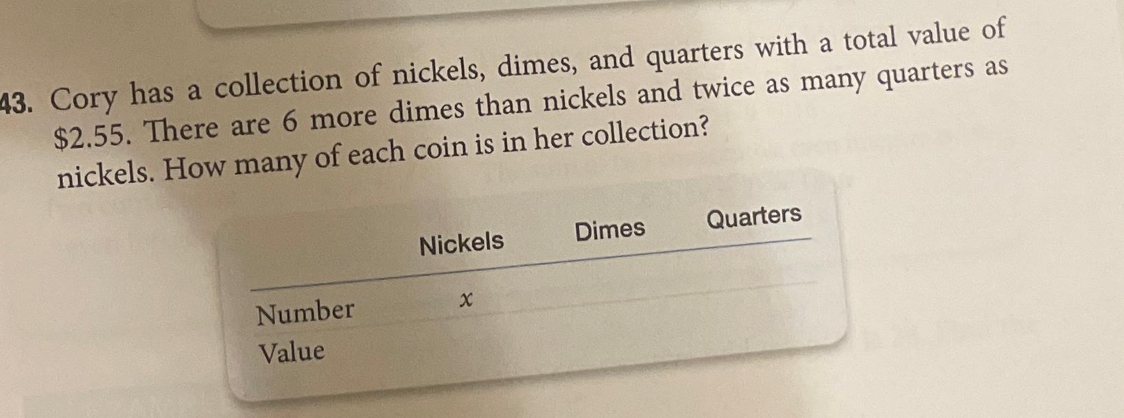 Solved Cory has a collection of nickels, dimes, and quarters | Chegg.com
