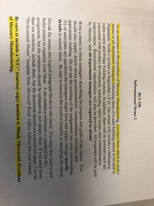 Solved BUS 350 Informational Memo 2 As an assistant to the | Chegg.com