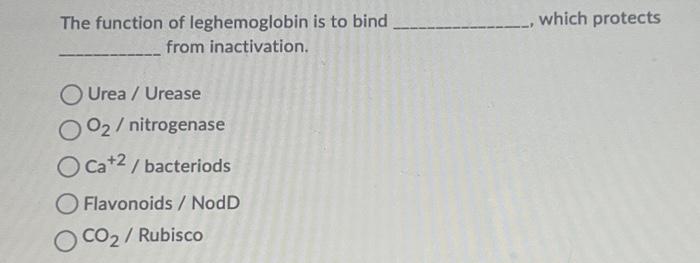 Solved The function of leghemoglobin is to bind , which | Chegg.com