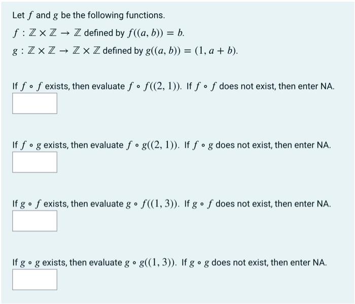 Solved Let f and g be the following functions. f:Z×Z→Z | Chegg.com