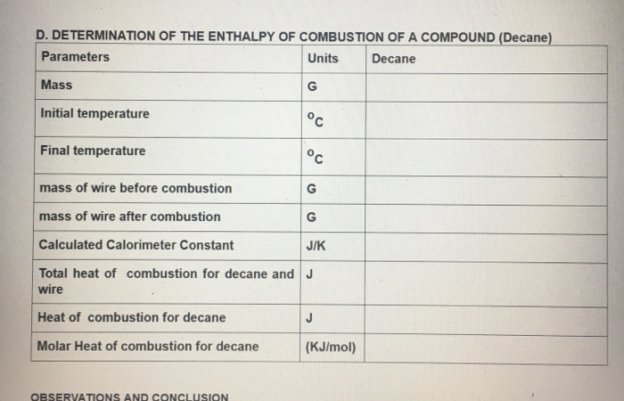 D. DETERMINATION OF THE ENTHALPY OF COMBUSTION OF A | Chegg.com