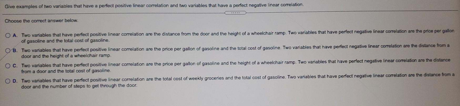 Solved Give examples of two variables that have a perfect | Chegg.com