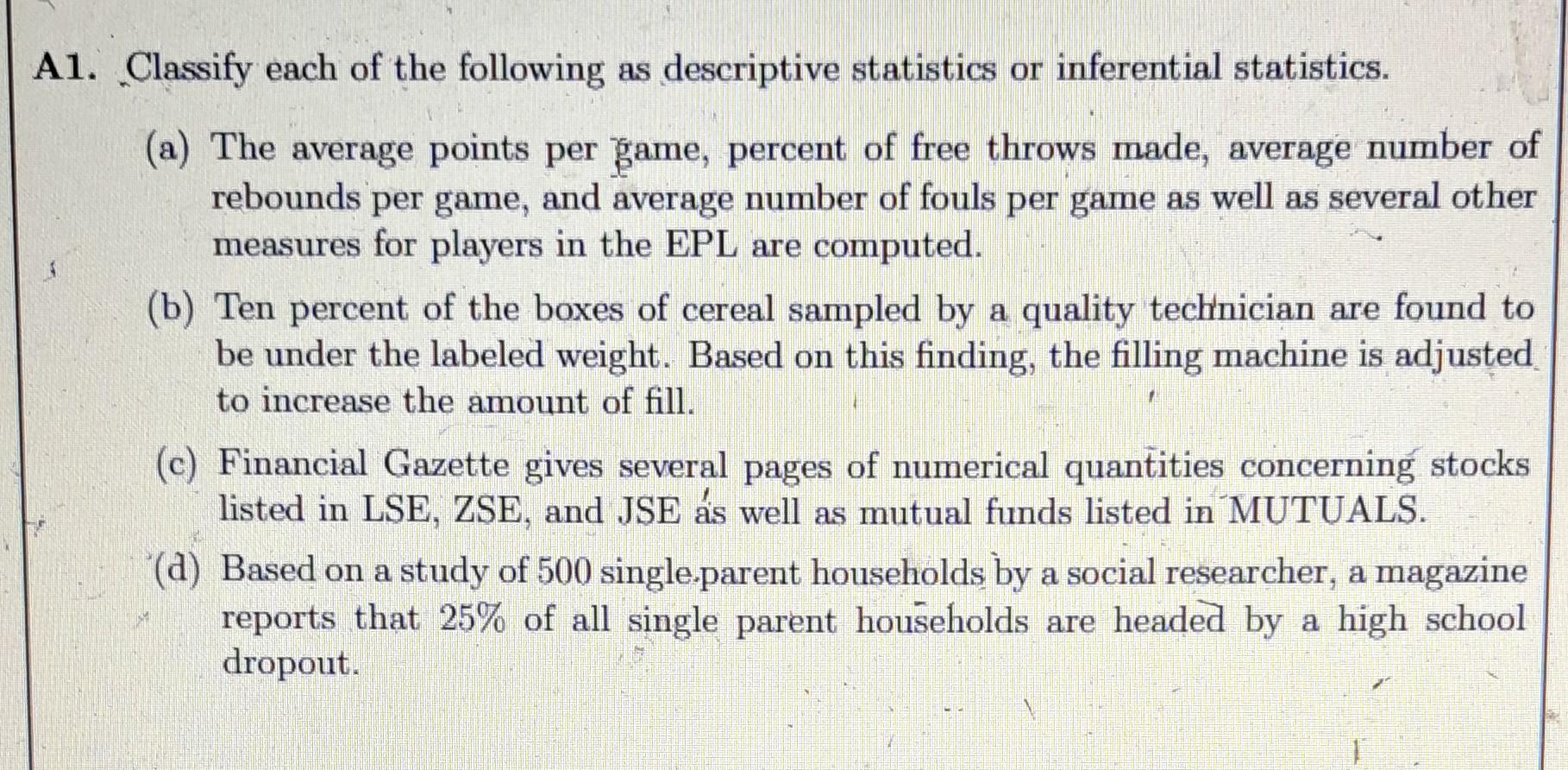 Solved A1. Classify each of the following as descriptive | Chegg.com