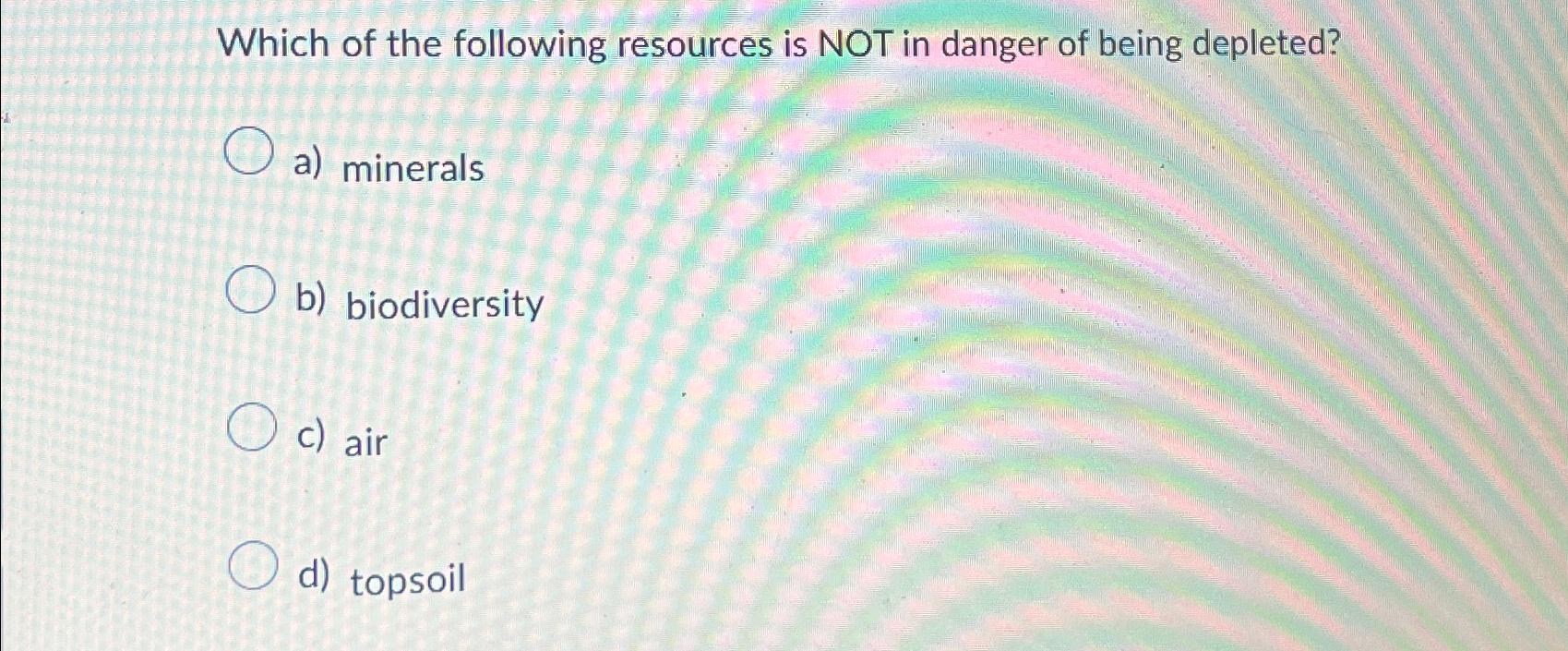 Solved Which of the following resources is NOT in danger of | Chegg.com