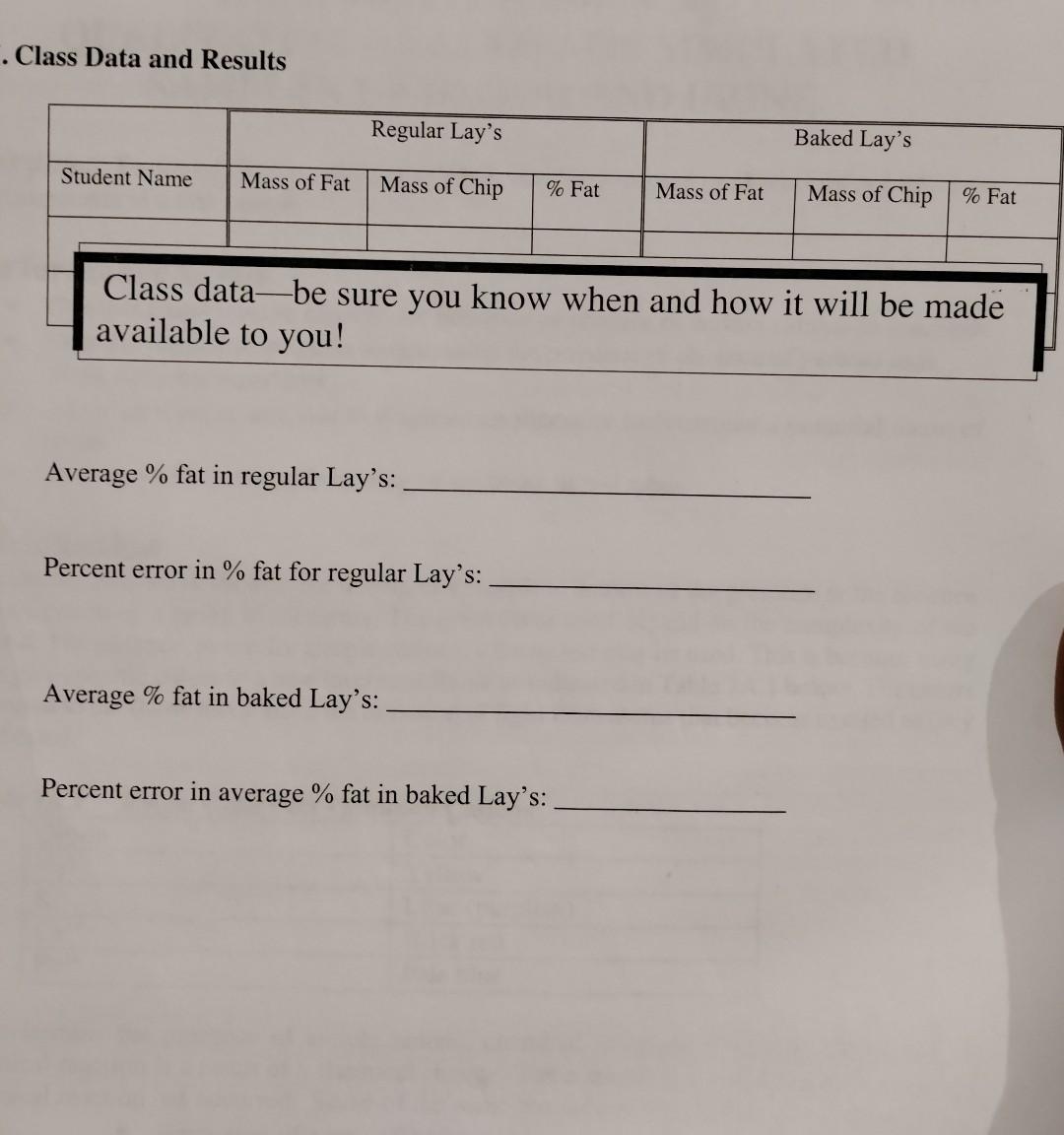 Solved . Class Data and Results Regular Lay's Baked Lay's | Chegg.com