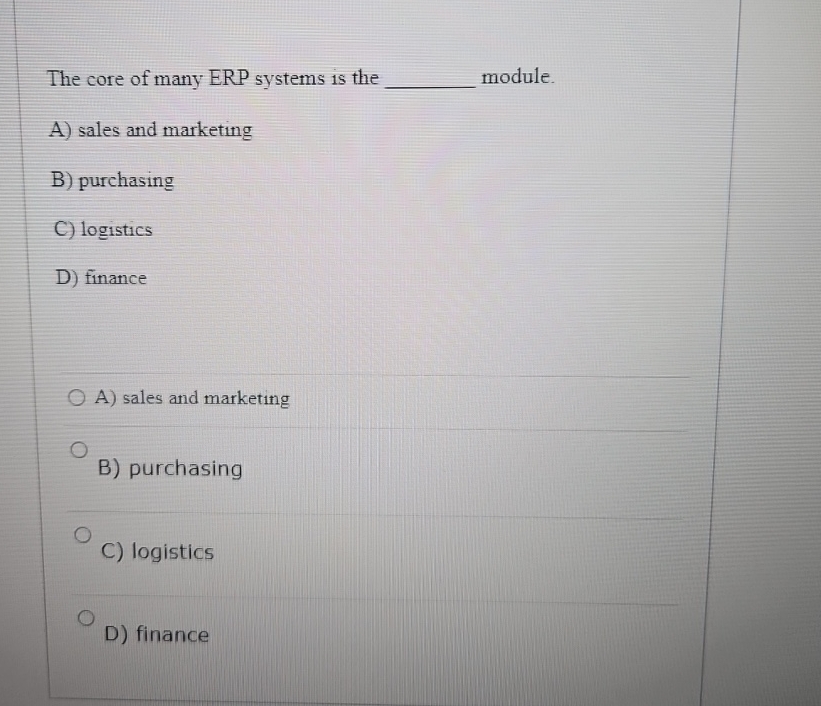 Solved The core of many ERP systems is the module.A) ﻿sales | Chegg.com