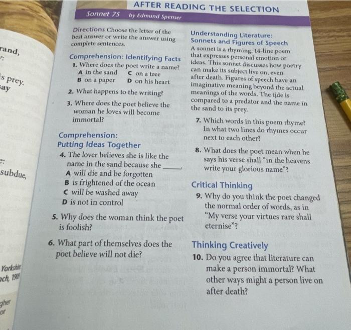 AFTER READING THE SELECTION Sonnet 75 by Edmund | Chegg.com