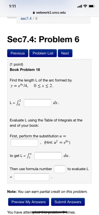 Solved 1:11 webwork2.uncc.edu sec7.4/6 Sec7.4: Problem 6 | Chegg.com