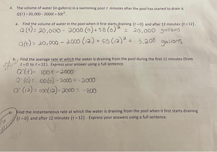 Solved 4. The volume of water (in gallons) in a swimming | Chegg.com