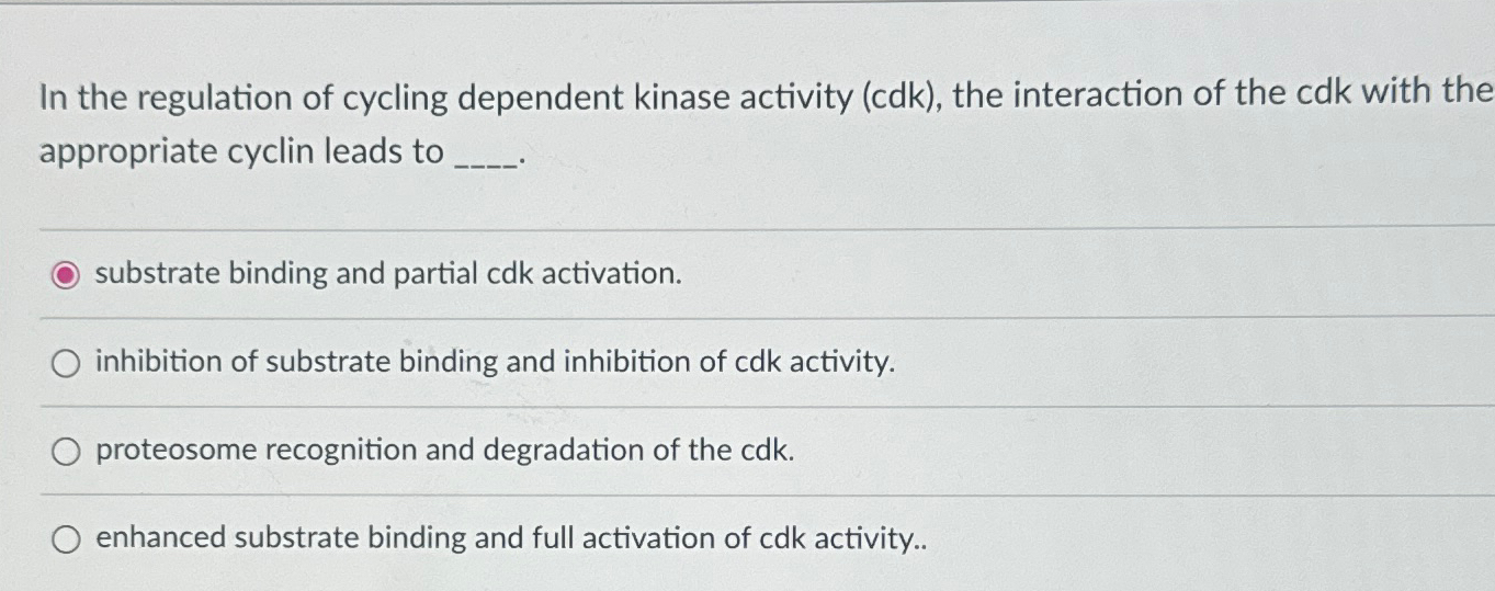 Solved In the regulation of cycling dependent kinase | Chegg.com