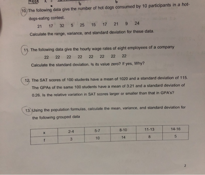 Solved 10. The following data give the number of hot dogs | Chegg.com