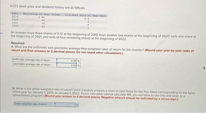 Solved XYZ's stock price and dividend history are as | Chegg.com