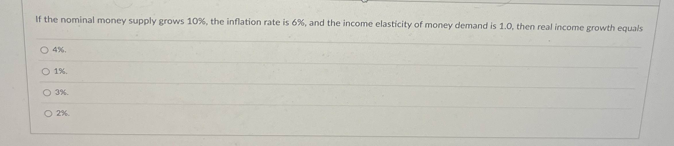 Solved If the nominal money supply grows 10%, ﻿the inflation | Chegg.com