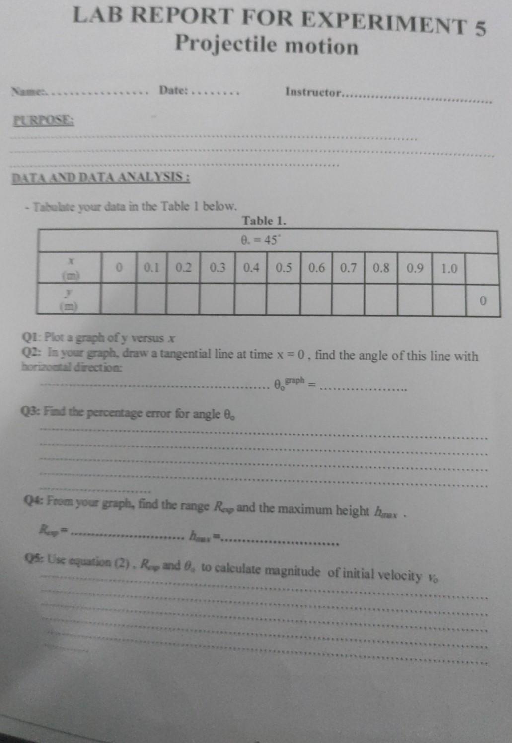 Solved EXPERIMENT 5 Projectile motion y(m) OBJECTS OF THIS | Chegg.com