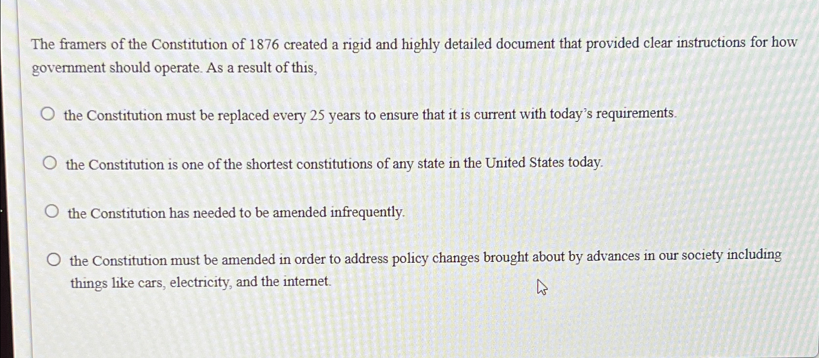 Solved The framers of the Constitution of 1876 ﻿created a | Chegg.com