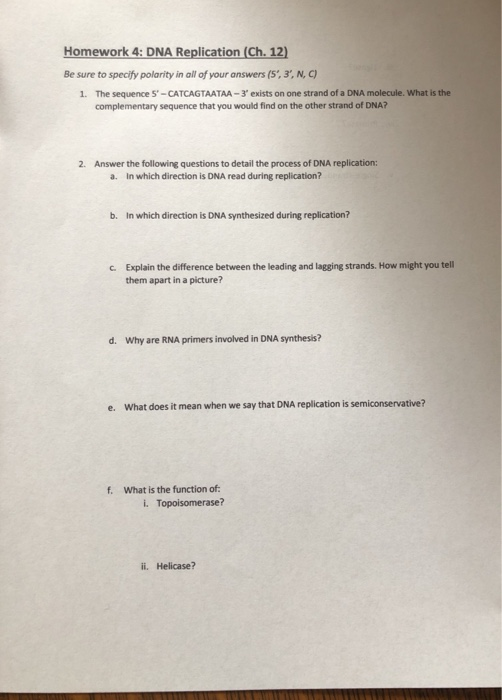 Solved Homework 4: DNA Replication (Ch. 12) Be sure to | Chegg.com