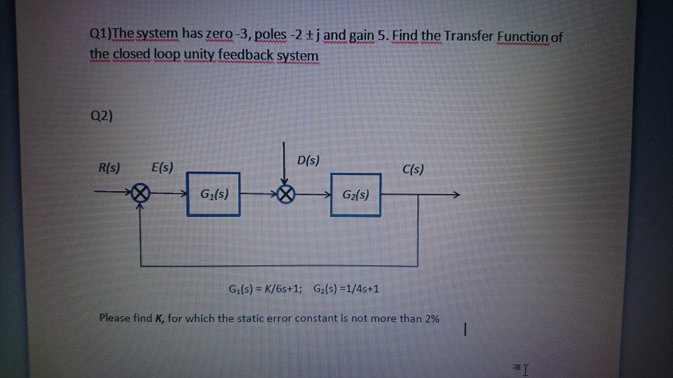 Solved Q1)The system has zero-3, poles -2 +j and gain 5. | Chegg.com