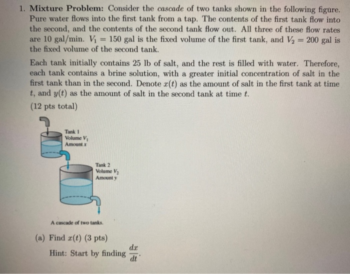 Solved 1. Mixture Problem: Consider the cascade of two tanks | Chegg.com