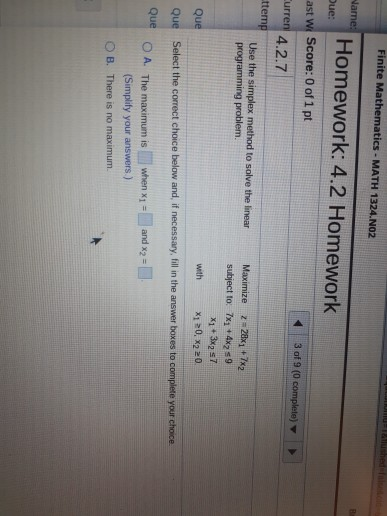 Solved Finite Mathematics - MATH 1324.NO2 Name: Homework: | Chegg.com