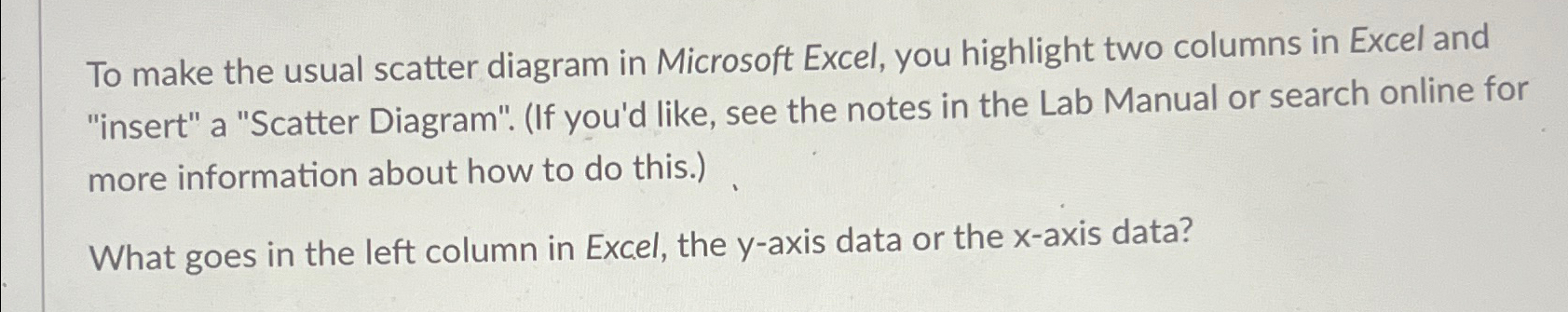 Solved To make the usual scatter diagram in Microsoft Excel, | Chegg.com