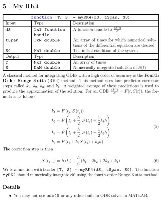 Solved 5 My RK4 function [T, SI myRK4 (ds, tSpan, so) Input | Chegg.com