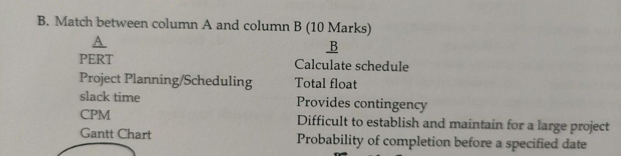 Solved B. Match between column A and column B (10 Marks) A B | Chegg.com