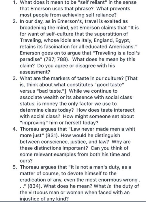 Solved 1. What does it mean to be "self reliant" in the | Chegg.com