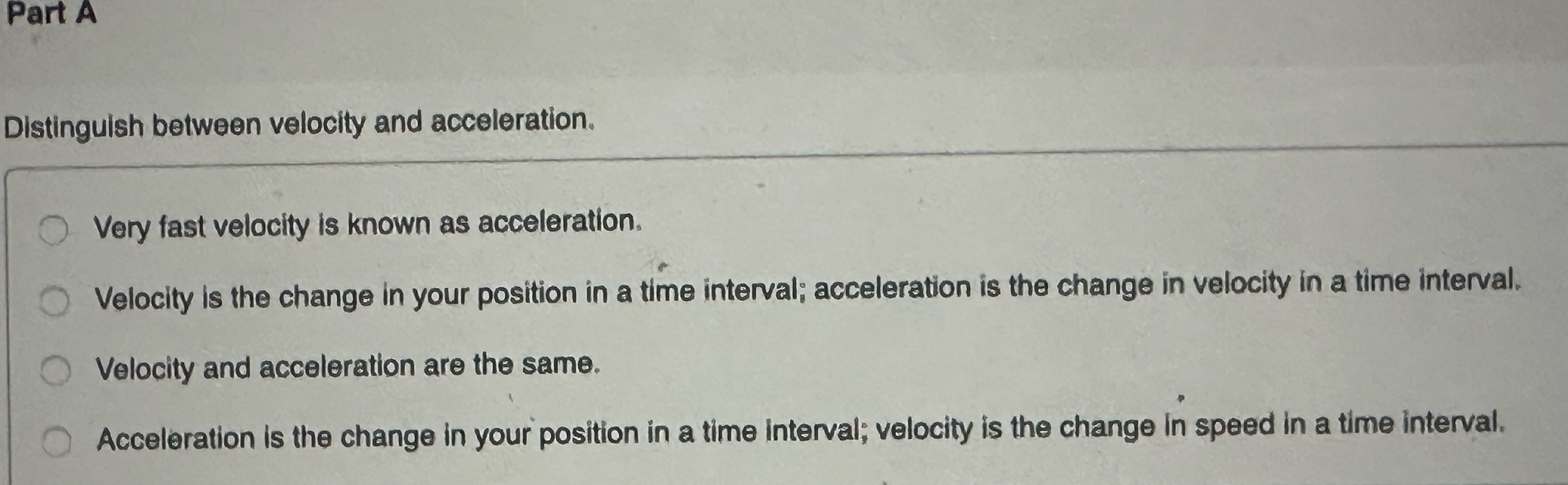 Solved Part ADistinguish between velocity and | Chegg.com