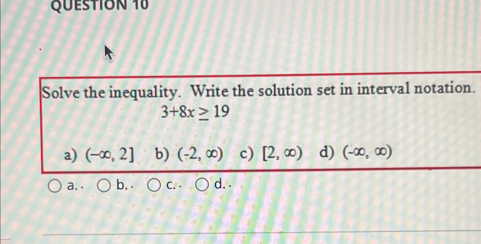 Solved Solve the inequality. Write the solution set in | Chegg.com