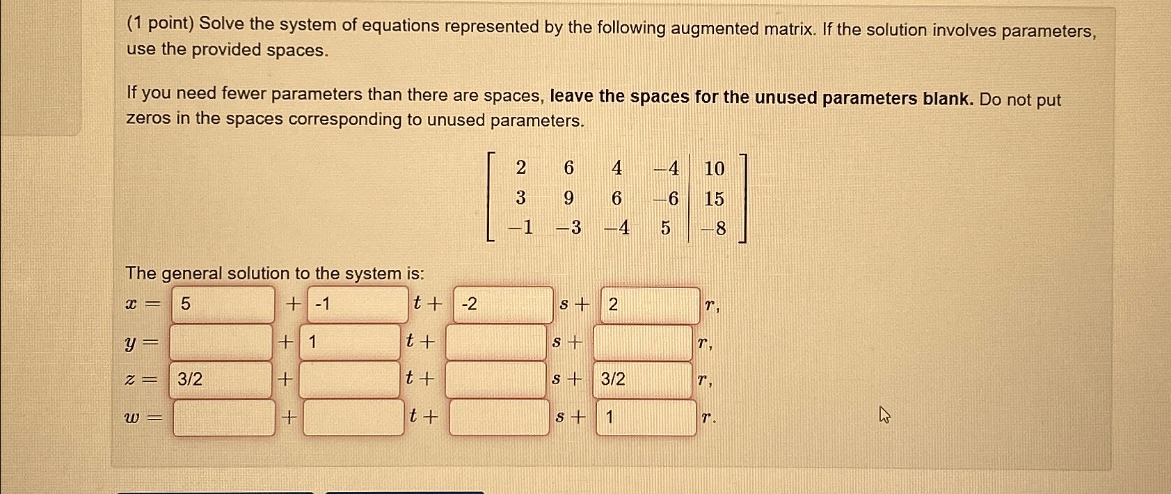 Solved (1 ﻿point) ﻿Solve the system of equations represented | Chegg.com