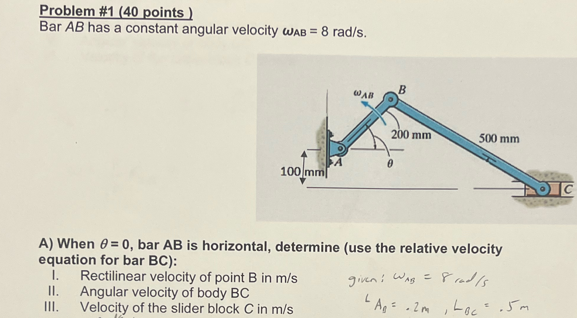 Solved Problem #1 (40 ﻿points)Bar AB ﻿has a constant angular | Chegg.com