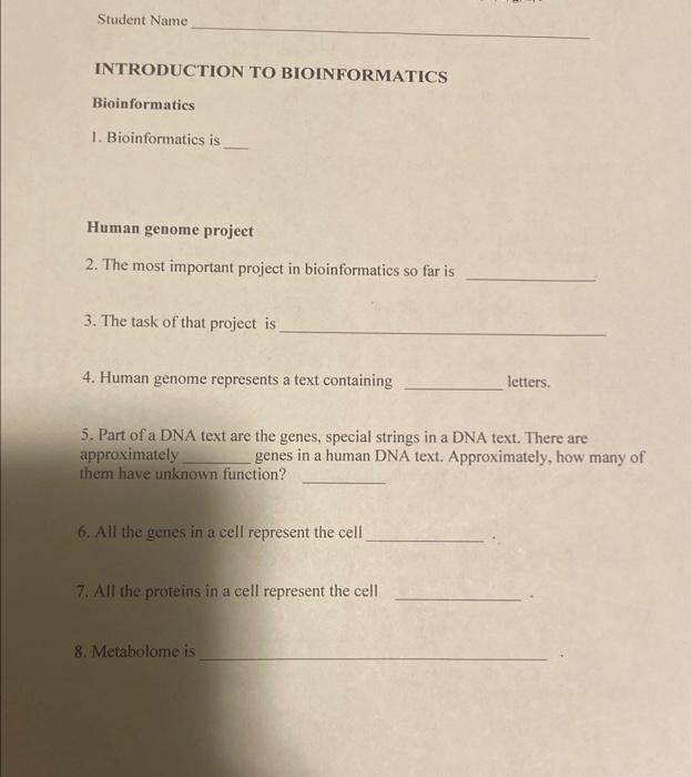 Solved Introduction To Bioinformatics Bioinformatics 1