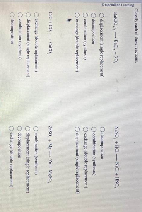 Solved Classify each of these reactions. \begin{tabular}{ll} | Chegg.com