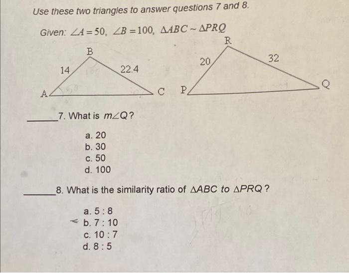 Solved Use these two triangles to answer questions 7 and 8. | Chegg.com
