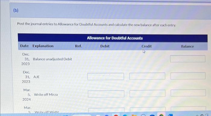 Post the journal entries to Allowance for Doubtful | Chegg.com