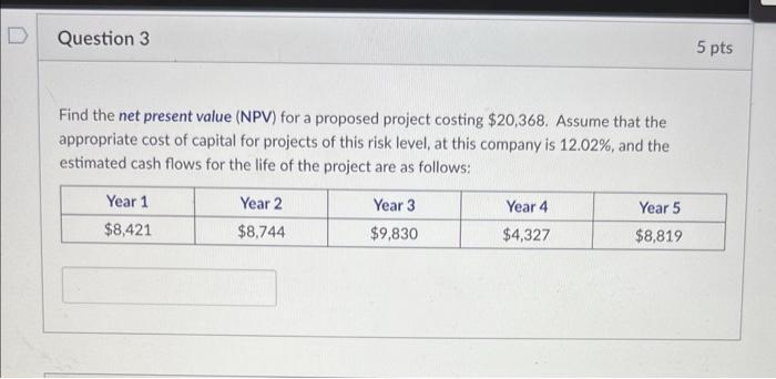 Solved Find the net present value (NPV) for a proposed | Chegg.com