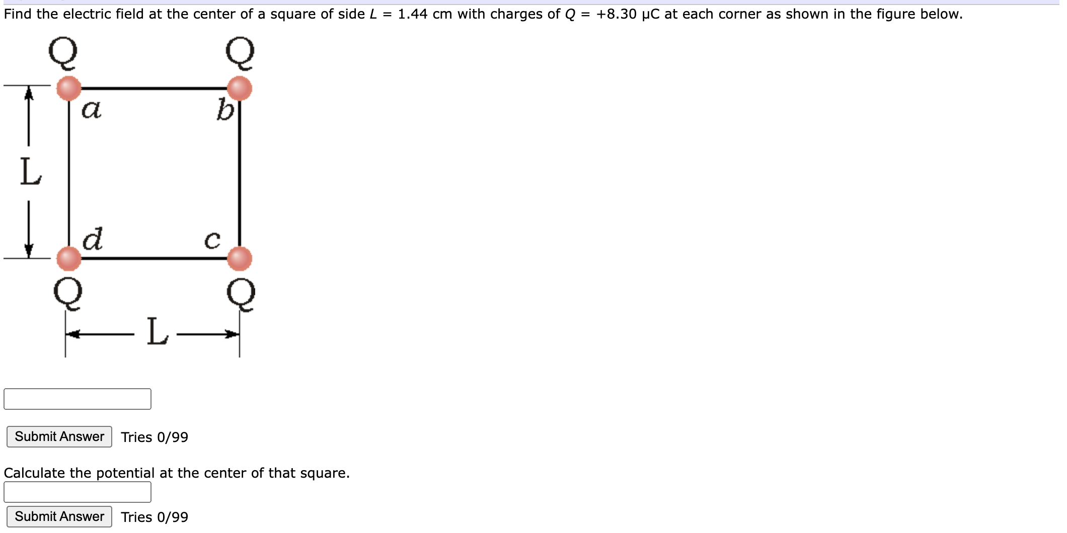 Solved Find the electric field at the center of a square of | Chegg.com